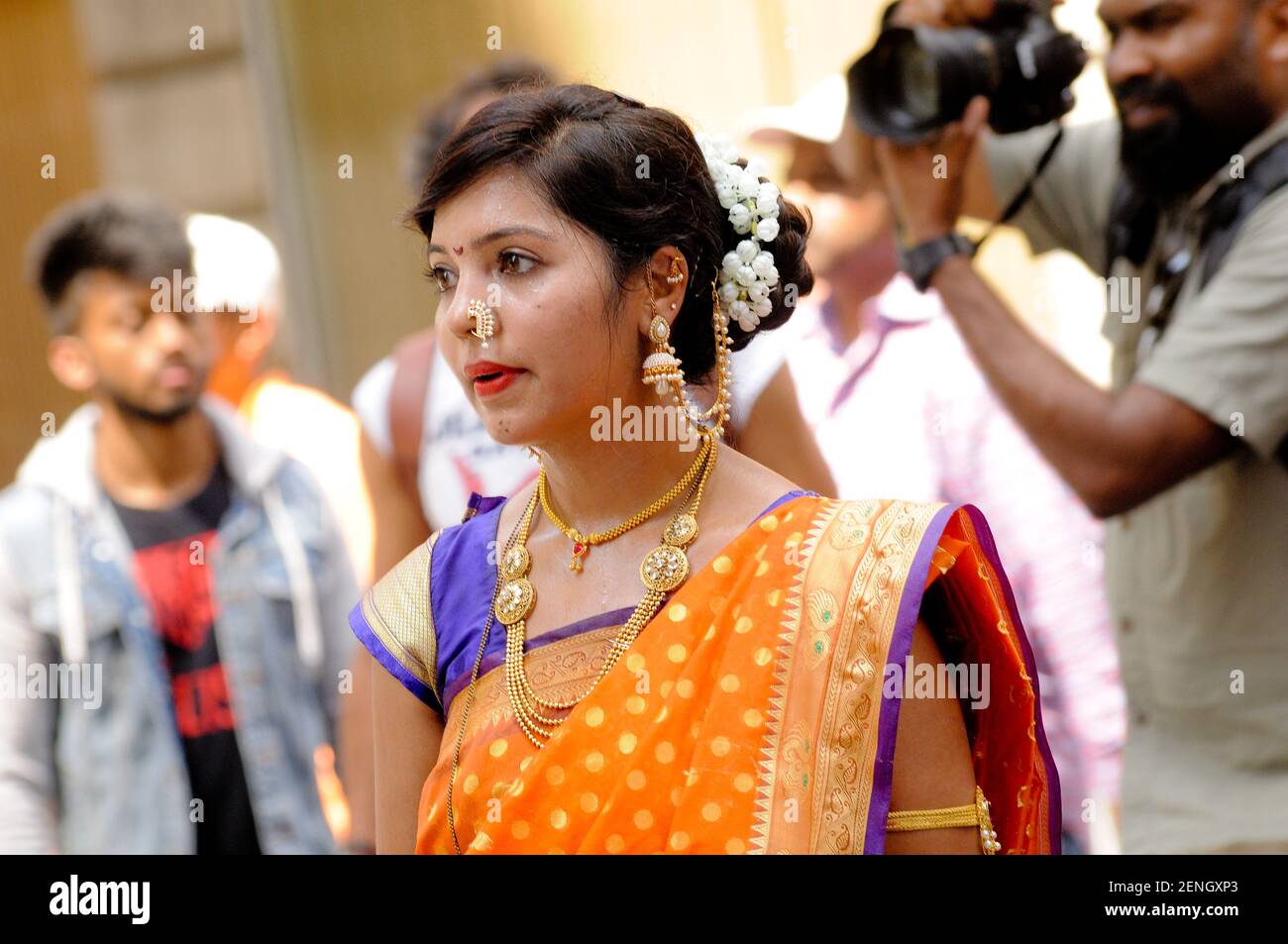 A woman wearing an Indian garb marches during the 39th Annual India Day ...
