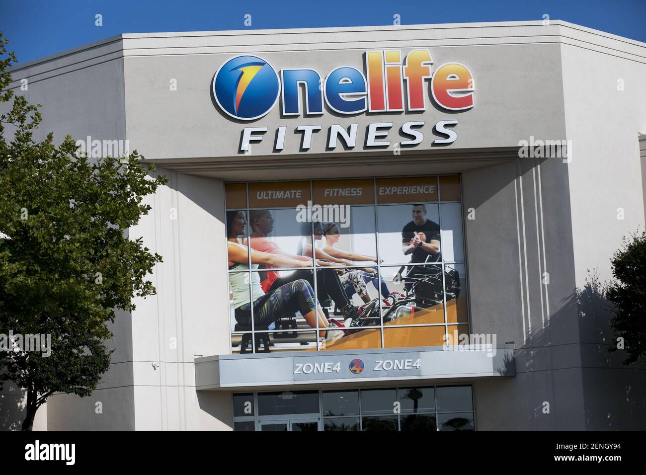 A logo sign outside of a Onelife Fitness location in Hagerstown ...