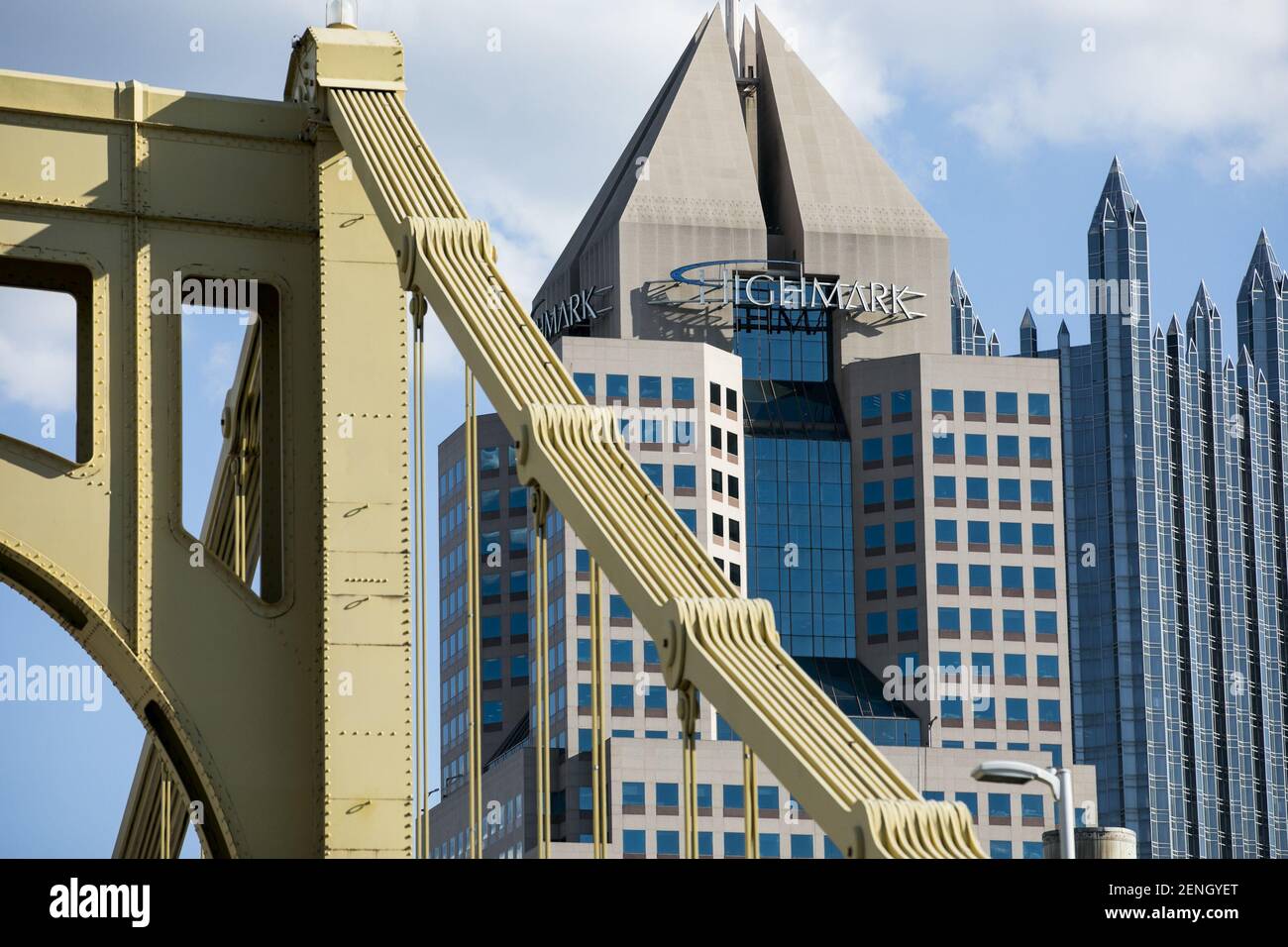 A logo sign outside of the headquarters of Highmark in Pittsburgh ...