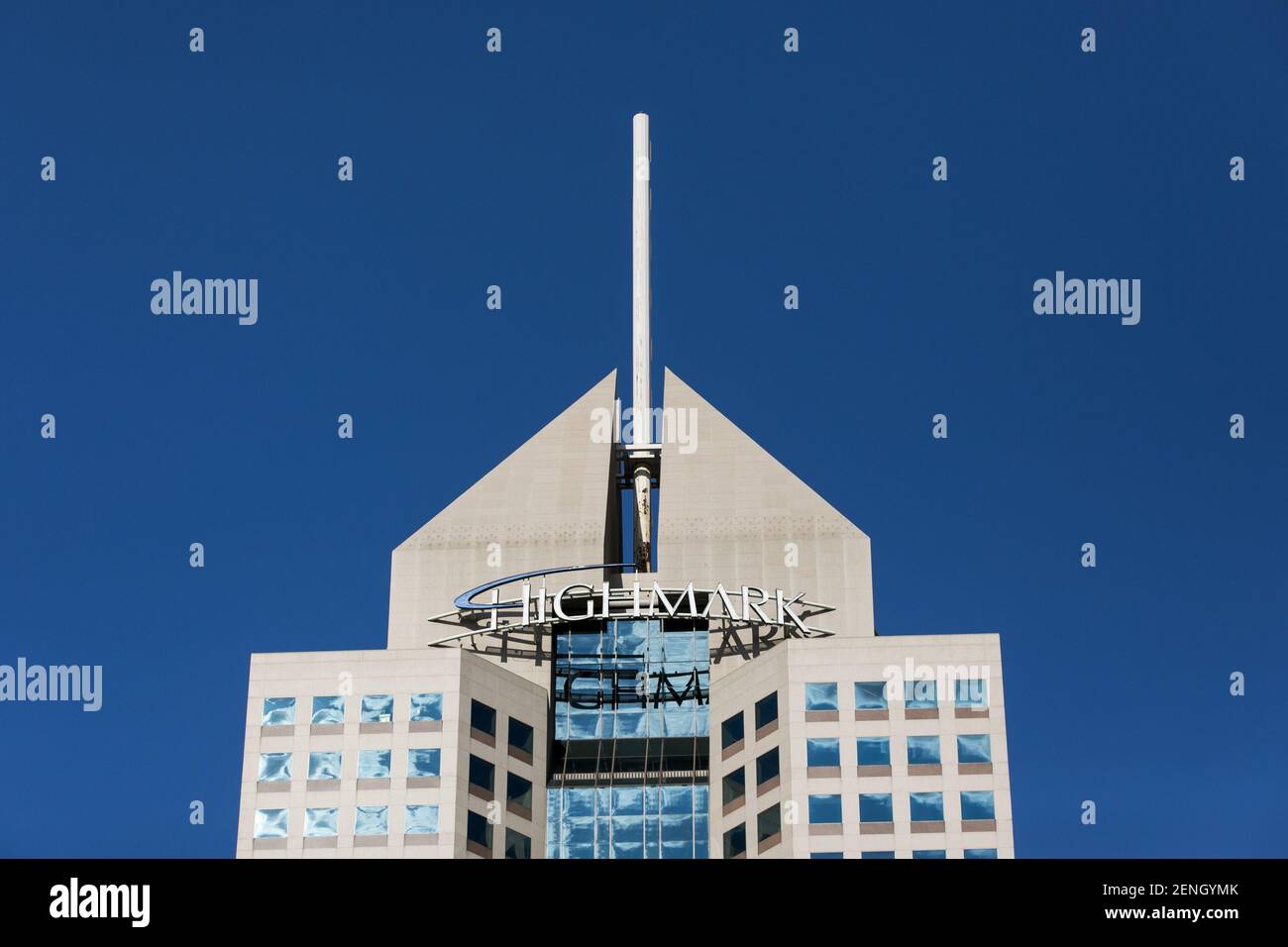 A logo sign outside of the headquarters of Highmark in Pittsburgh ...