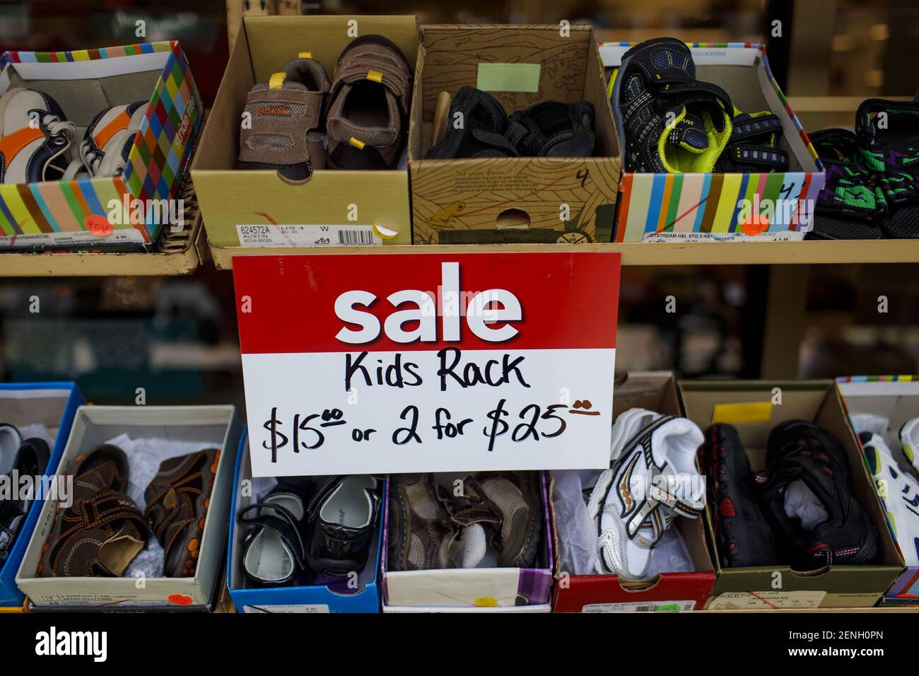 Kids shoes on display during the sidewalk sale at Alamo Shoes on ...