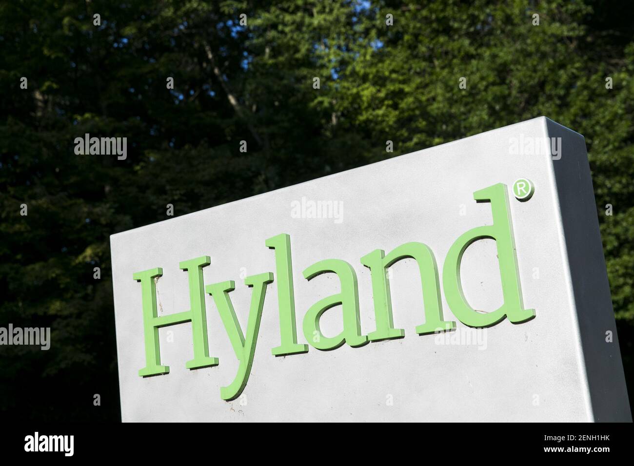 A logo sign outside of the headquarters of Hyland Software in Westlake ...