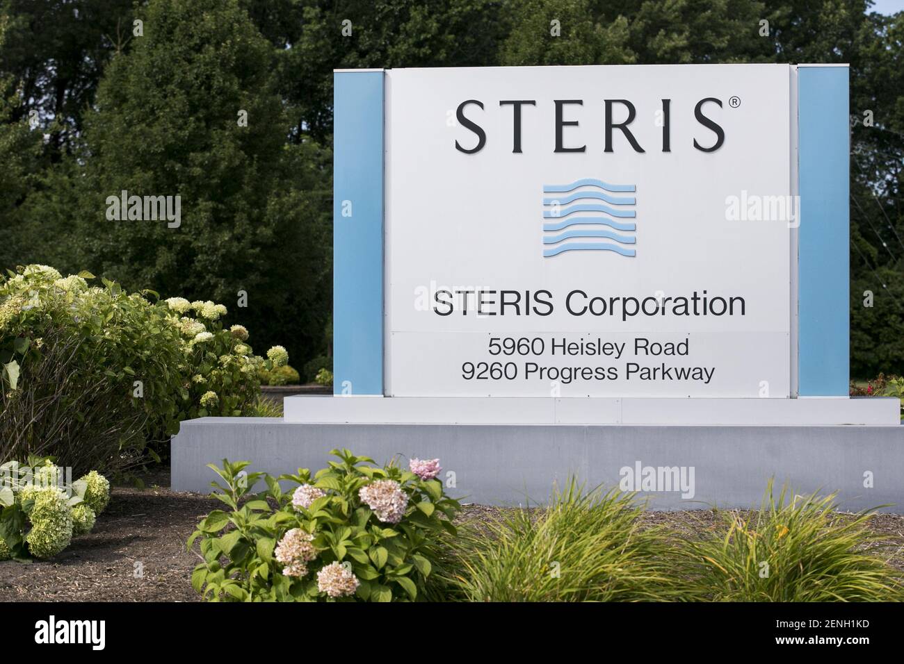 A logo sign outside of a facility occupied by the Steris Corporation in ...