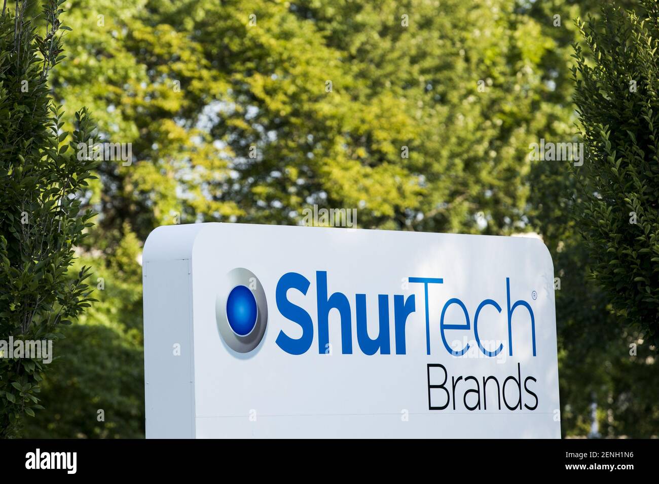 A logo sign outside of the headquarters of ShurTech Brands, maker of ...