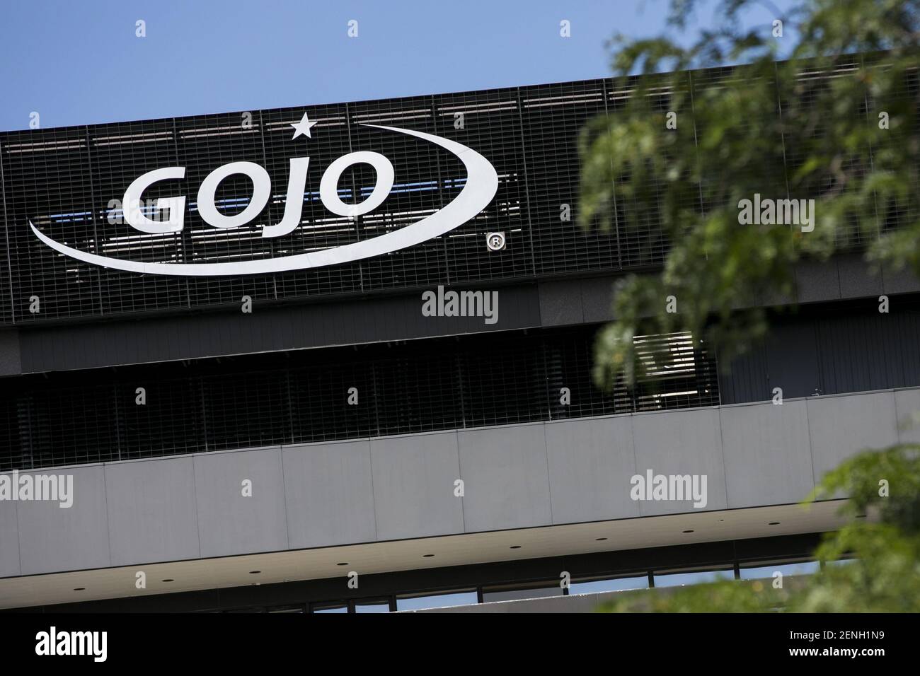 A logo sign outside of the headquarters of GOJO Industries in Akron ...