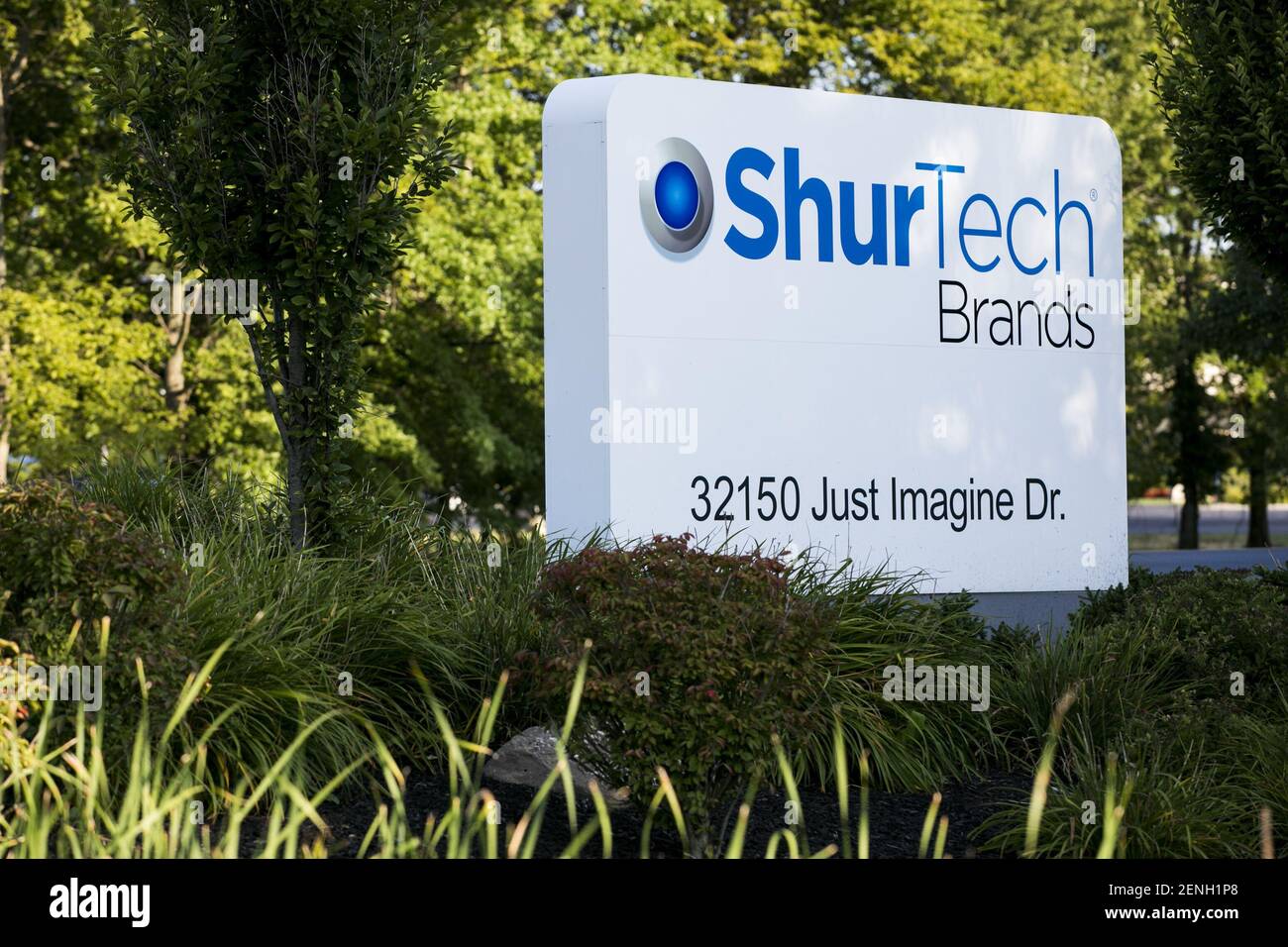 A logo sign outside of the headquarters of ShurTech Brands, maker of ...