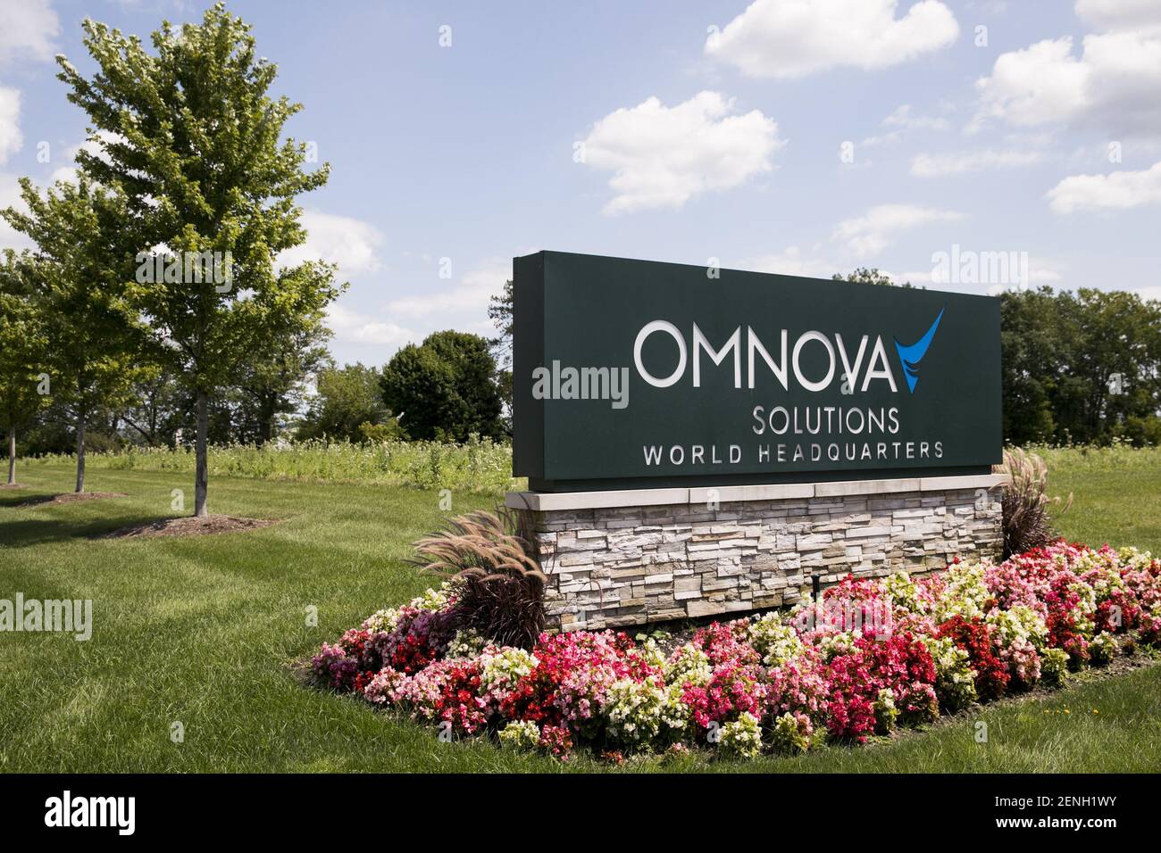 A logo sign outside of the headquarters of OMNOVA Solutions, Inc., in ...
