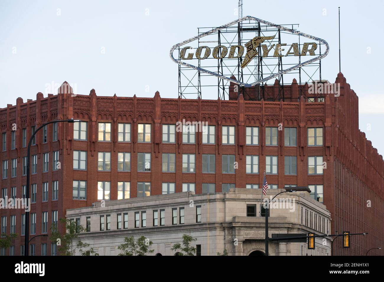 A logo sign outside of the former headquarters of The Goodyear Tire ...