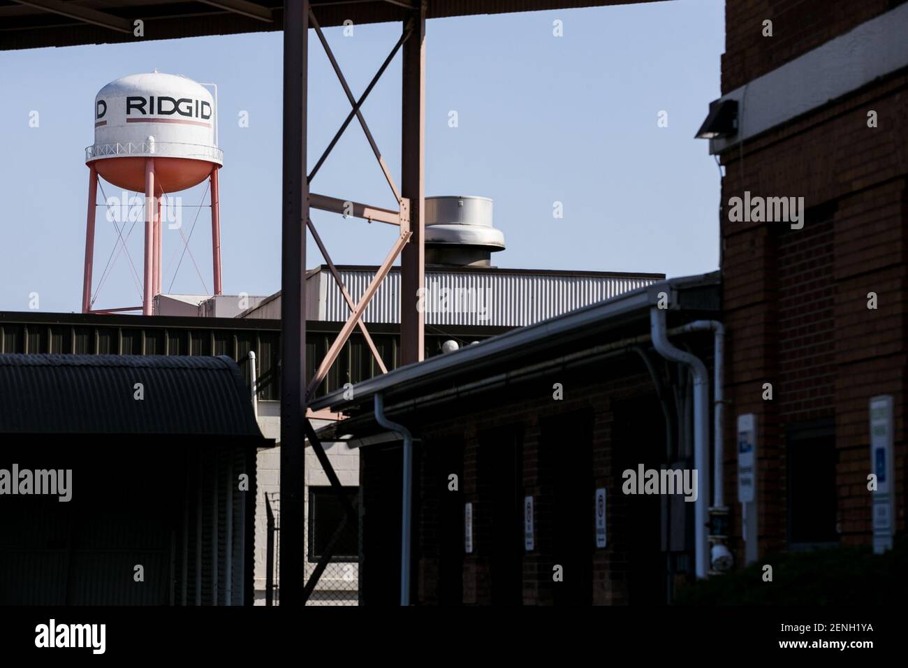 A logo sign outside of the headquarters of The Ridge Tool Company ...