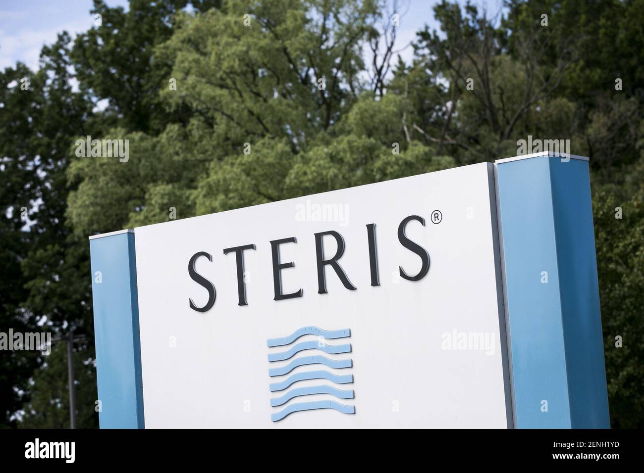 A logo sign outside of a facility occupied by the Steris Corporation in ...