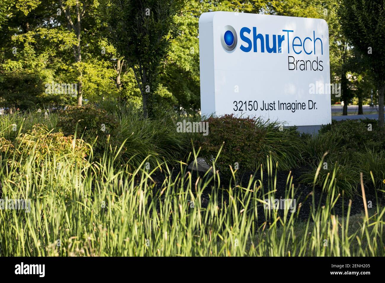 A logo sign outside of the headquarters of ShurTech Brands, maker of ...