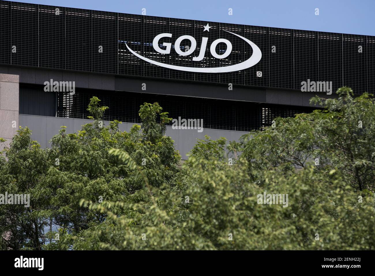 A logo sign outside of the headquarters of GOJO Industries in Akron ...