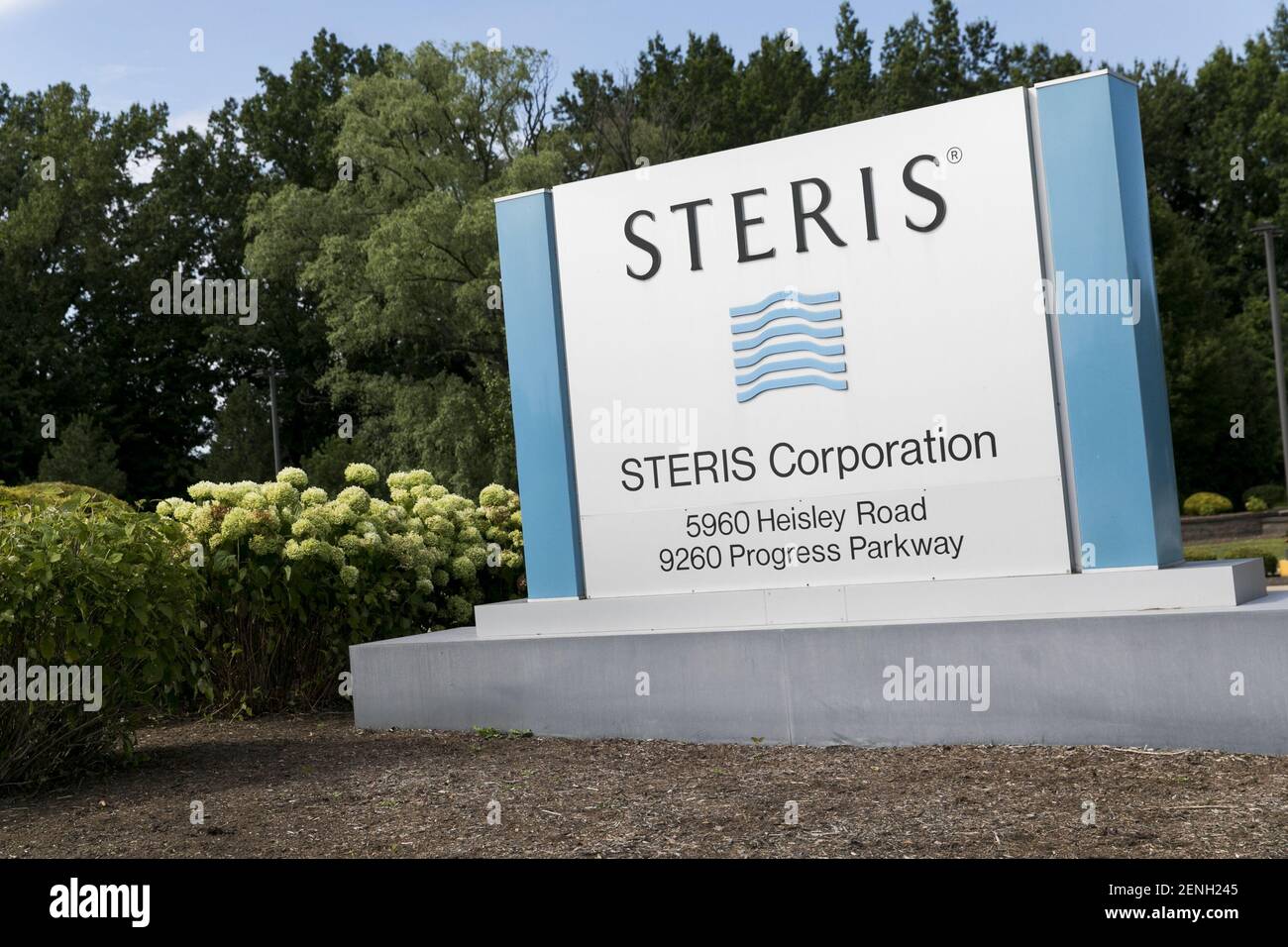 A logo sign outside of a facility occupied by the Steris Corporation in ...