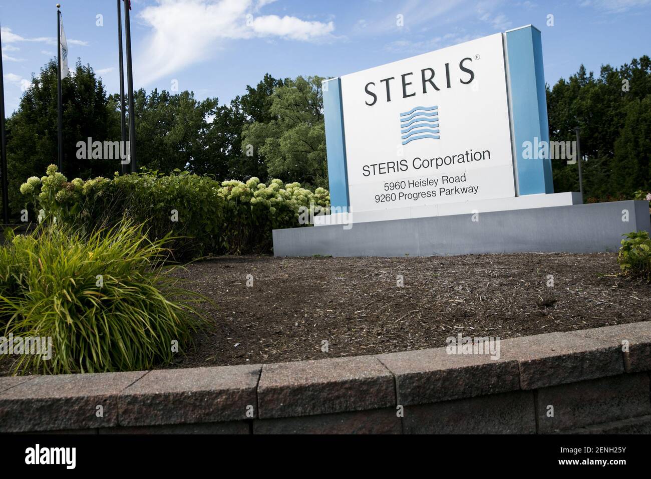 A logo sign outside of a facility occupied by the Steris Corporation in ...