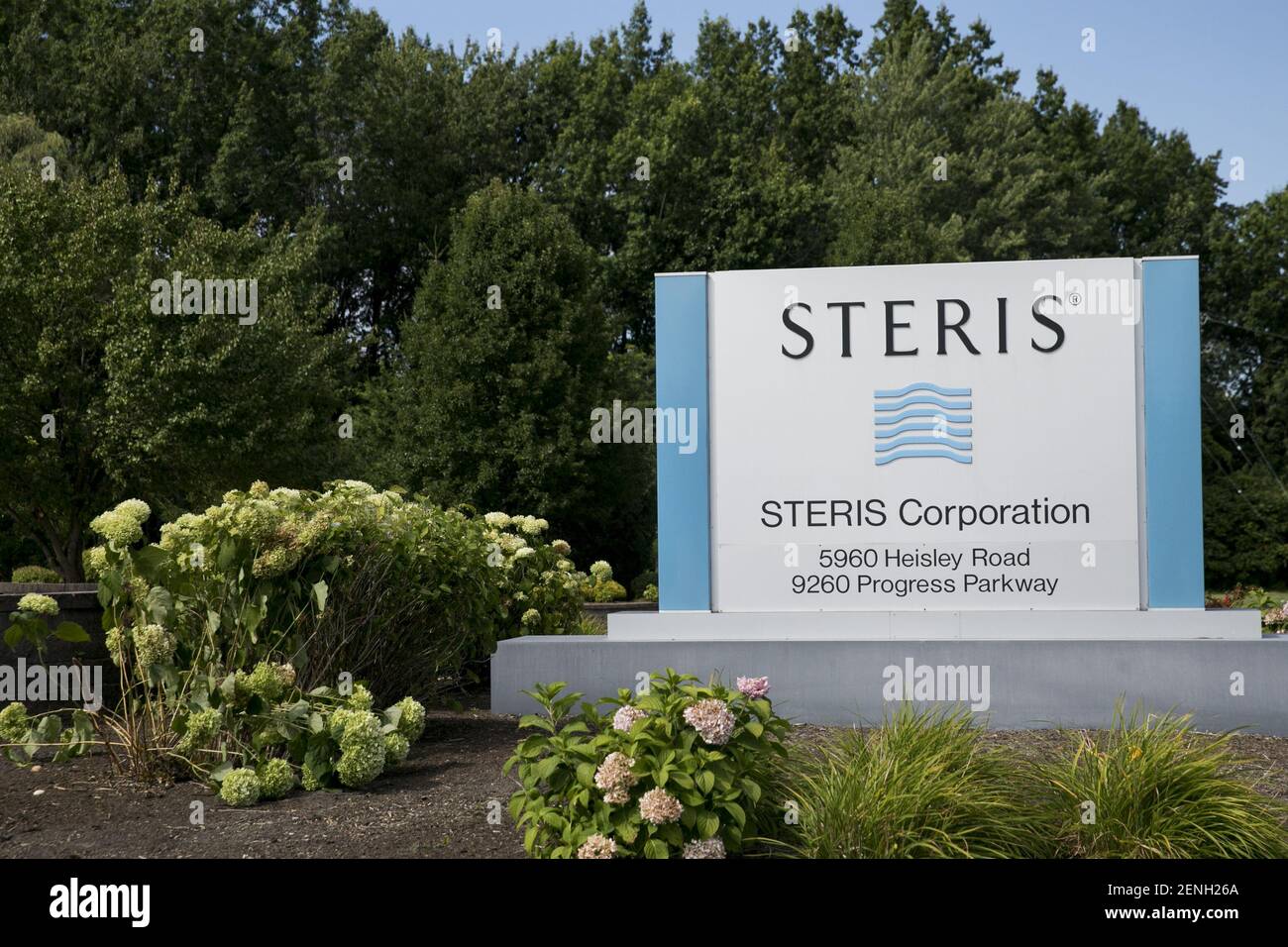 A logo sign outside of a facility occupied by the Steris Corporation in ...