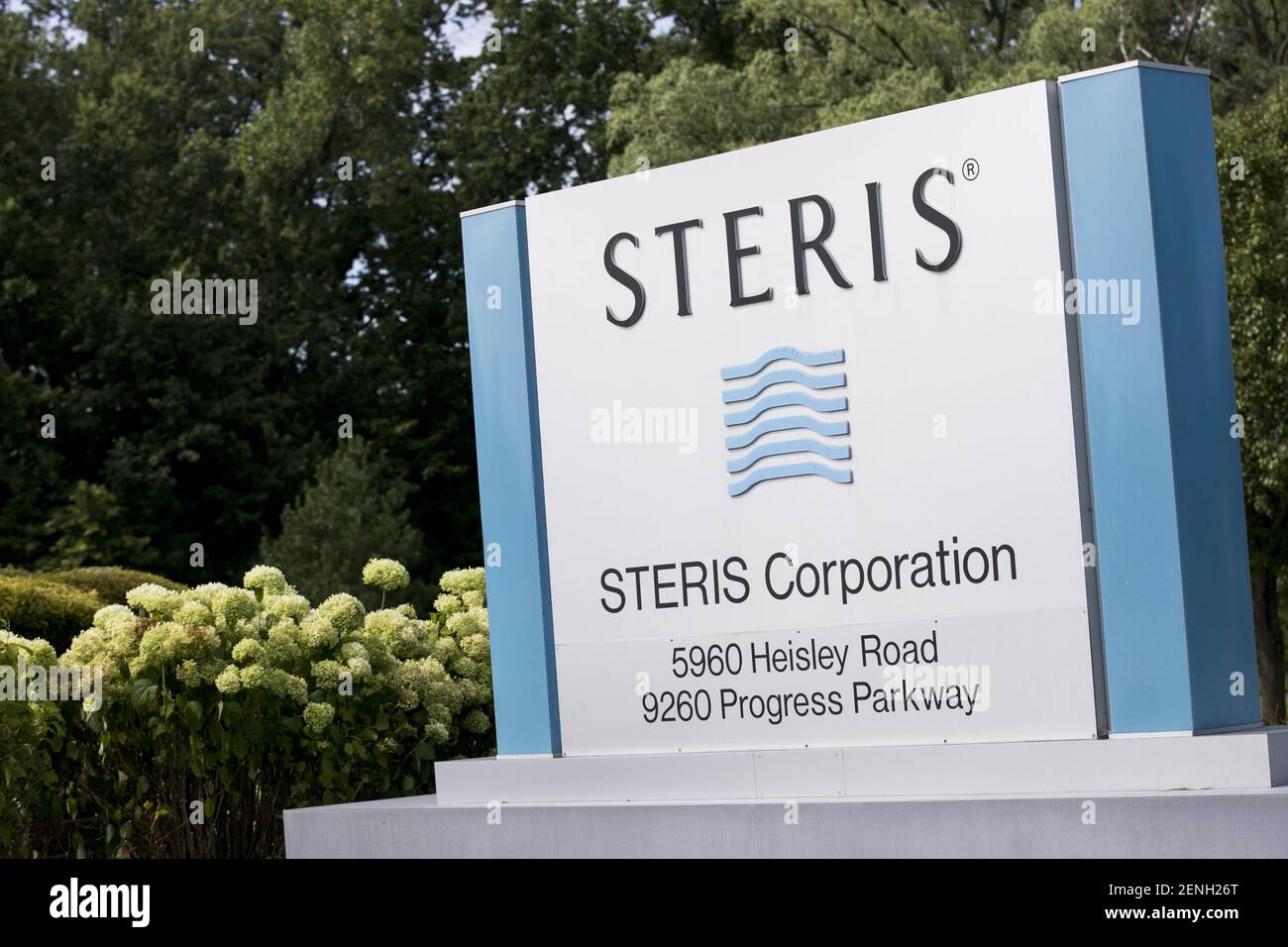A logo sign outside of a facility occupied by the Steris Corporation in ...