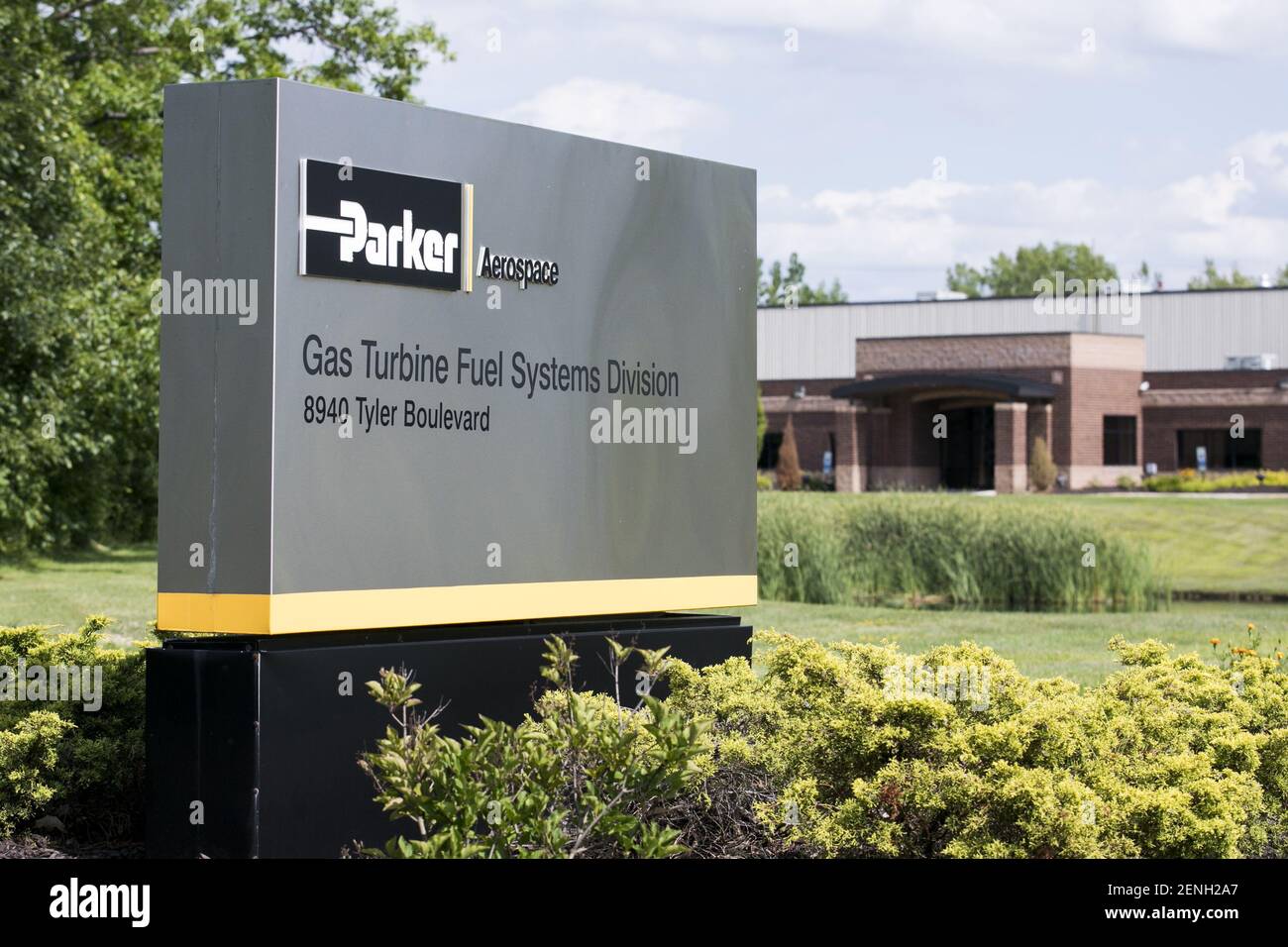 A logo sign outside of a facility occupied by Parker-Hannifin ...