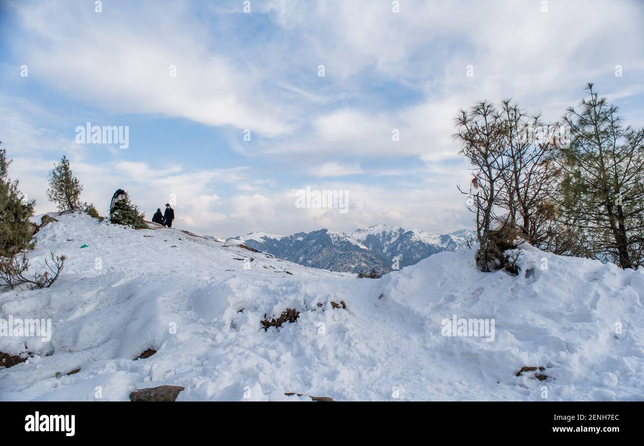 Nathatop and Patnitop cities of Jammu and its park covered with white snow, Winter landscape ...