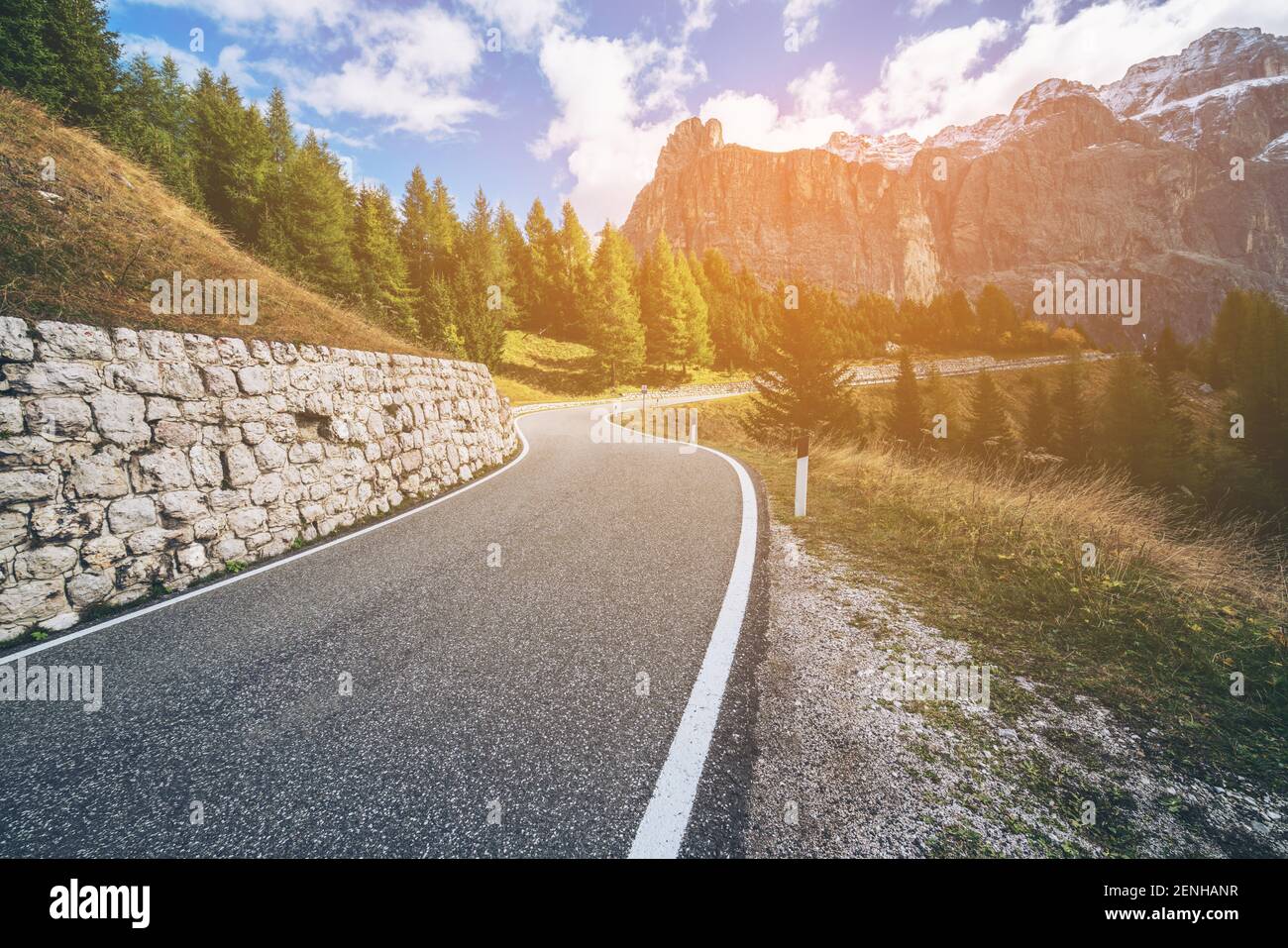 Beautiful mountain road with trees, forest and mountains in the ...