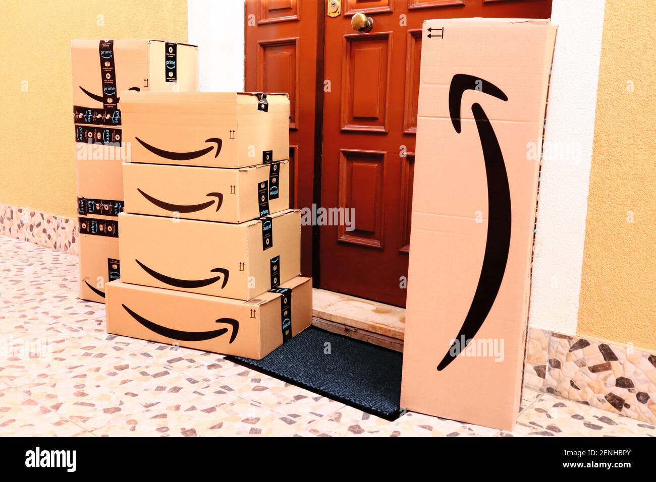 AMAZON Cardboard Boxes delivered at home to the front door Stock Photo ...