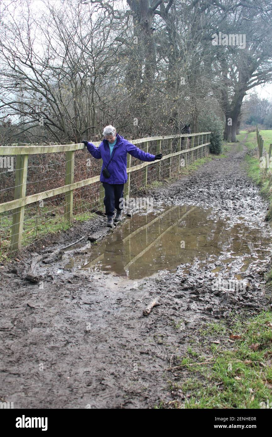 walker trying to avoid a big muddy puddle Stock Photo - Alamy