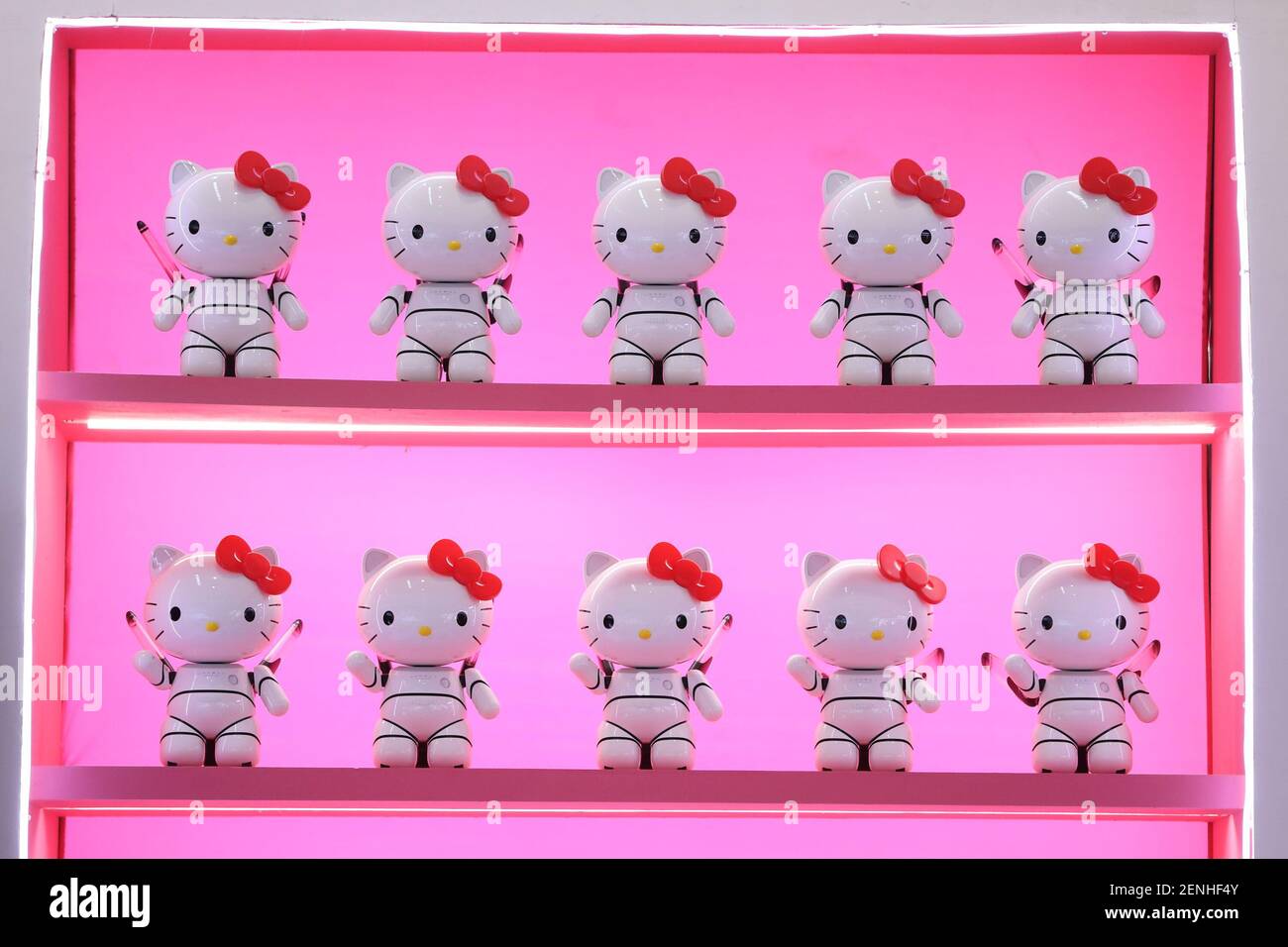 Robots in the shape of Hello Kitty are displayed during the 2019 Word ...