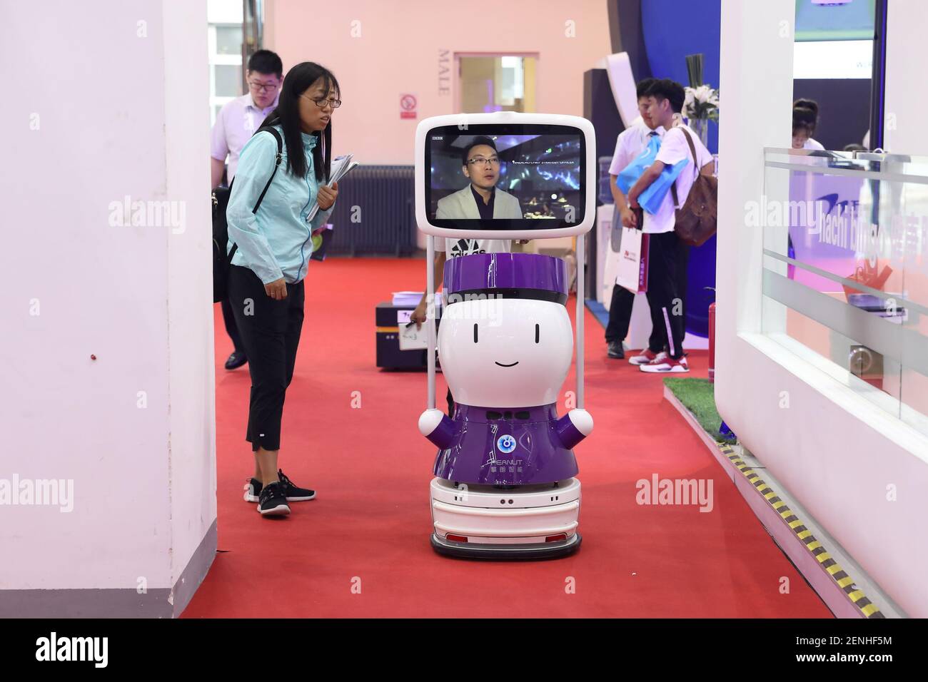 A Peanut robot is displayed at the stand of Keenon during the 2019 Word Robot Conference (WRC ...