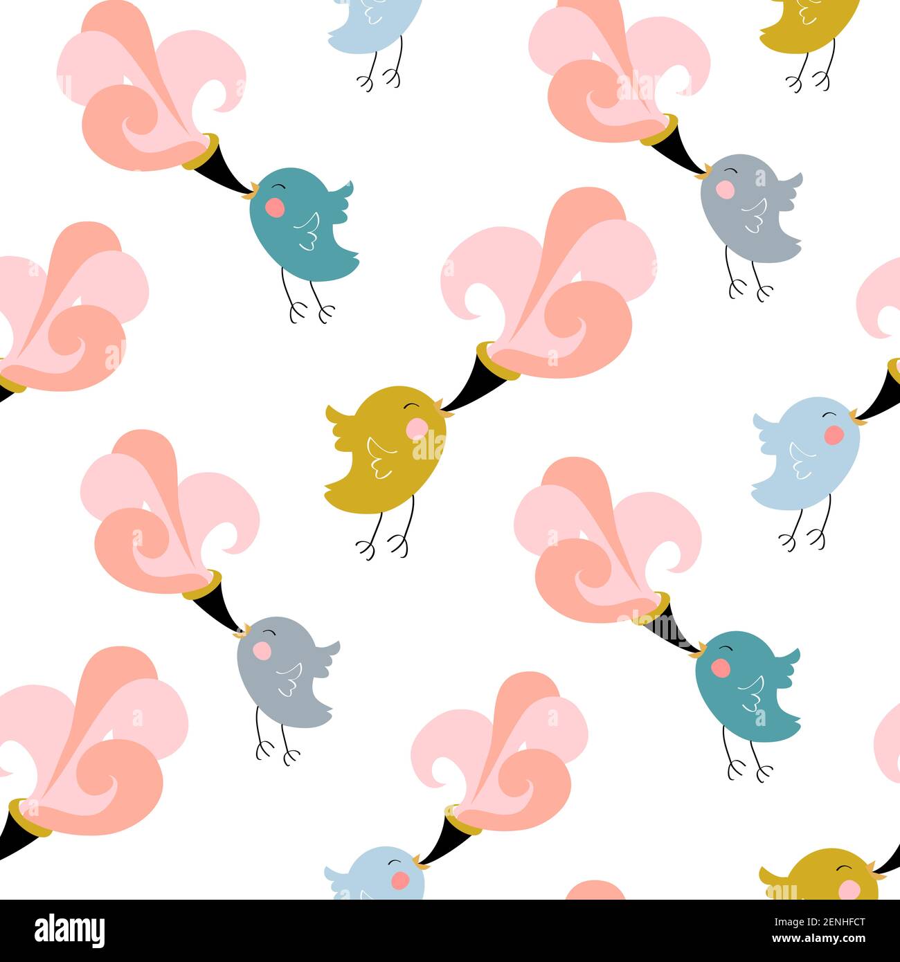 Cute little birds are flying in the sky. Seamless pattern with hand ...