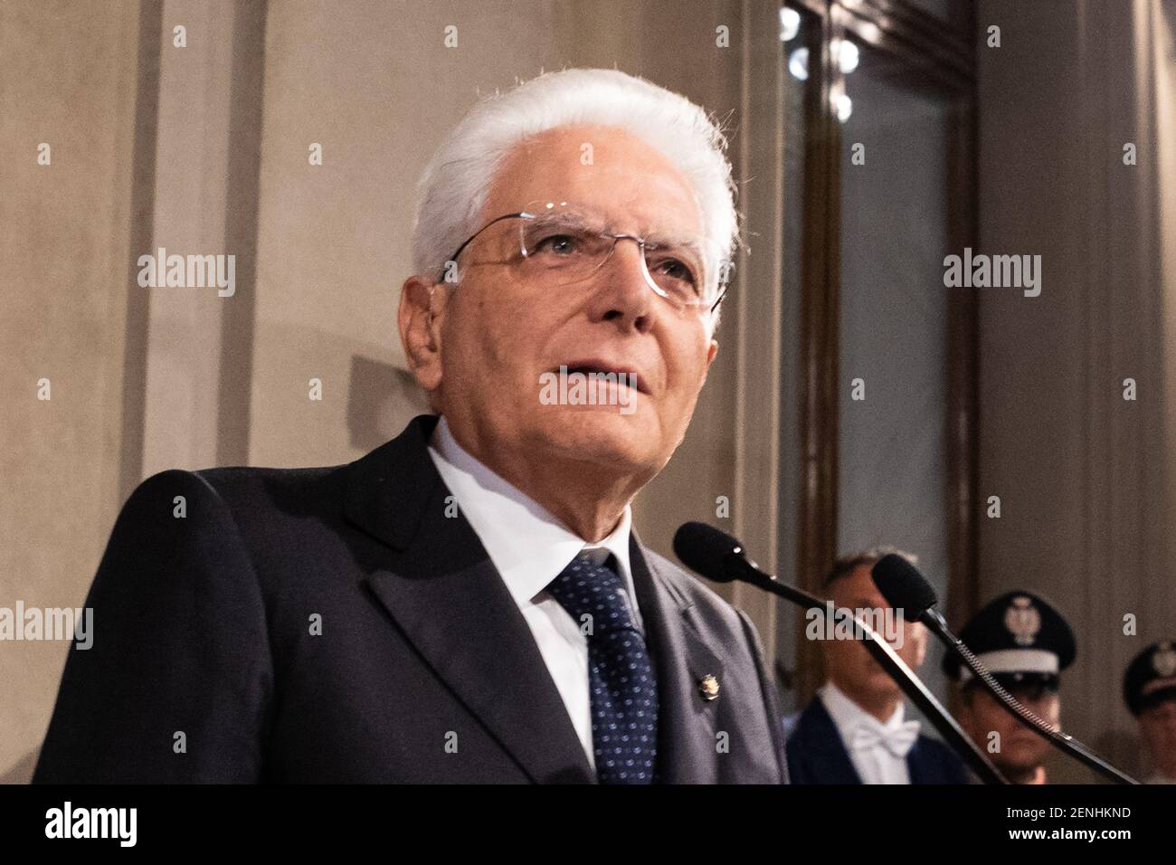 Italian President Sergio Mattarella speaks to the media after a meeting ...