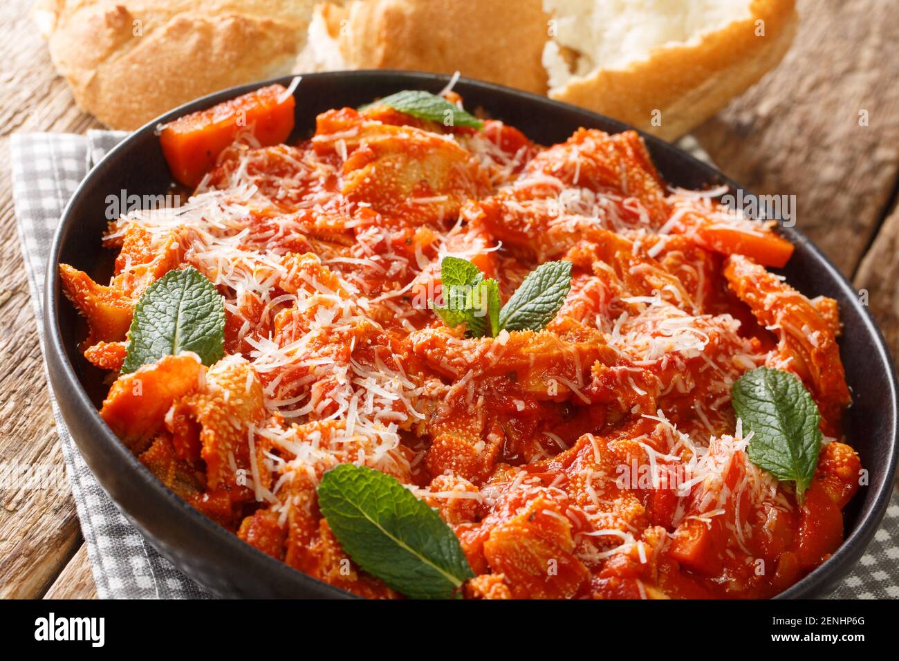 Italian Roman Tripe Trippa alla Romana closeup in the plate on the ...