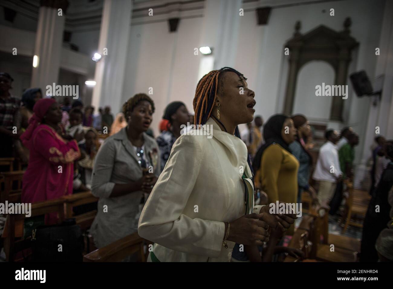 23 August 2019, Libya, Tripoli: Christian women pray during a service ...