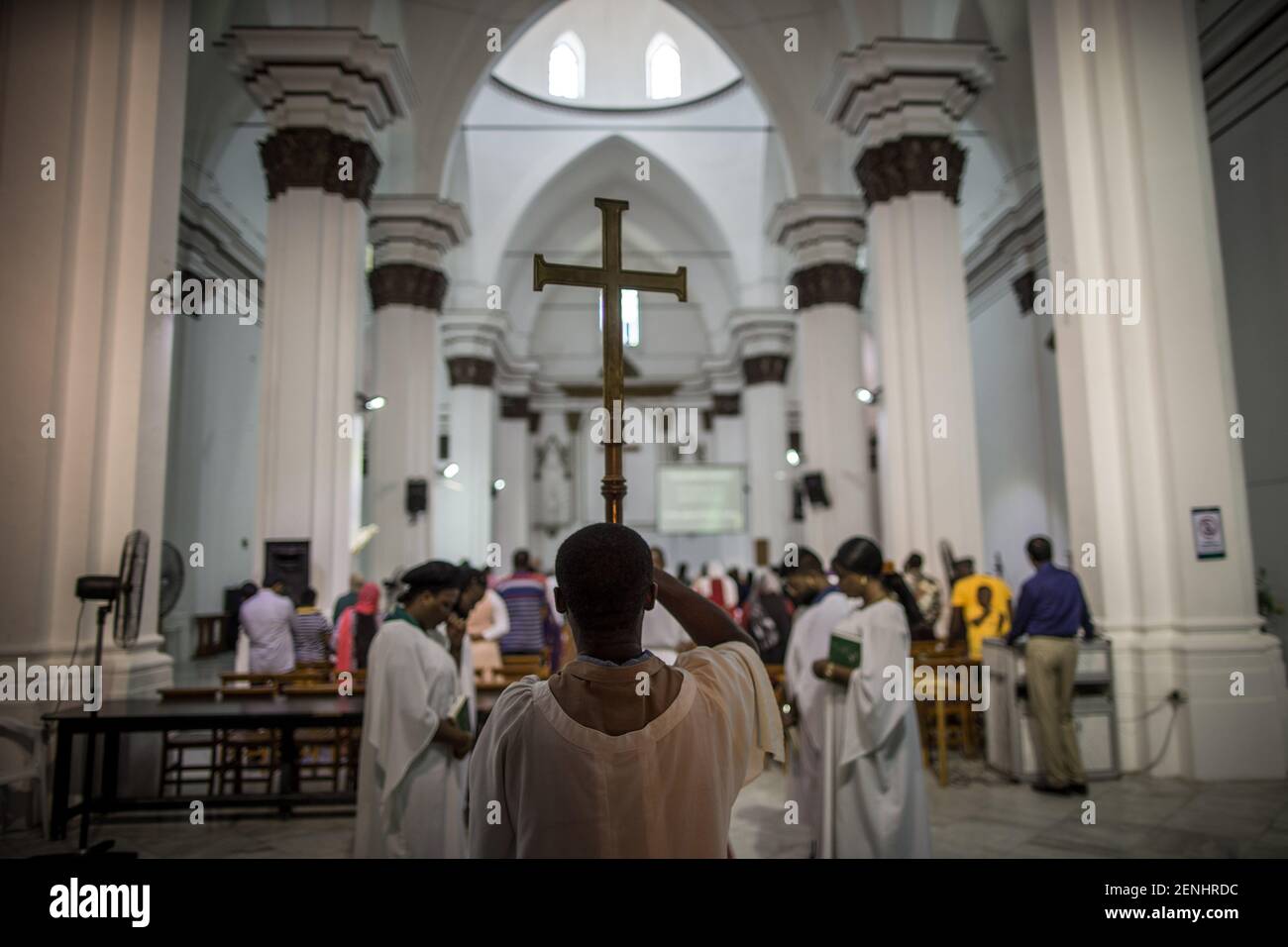 23 August 2019, Libya, Tripoli: Christians attend a service at the ...