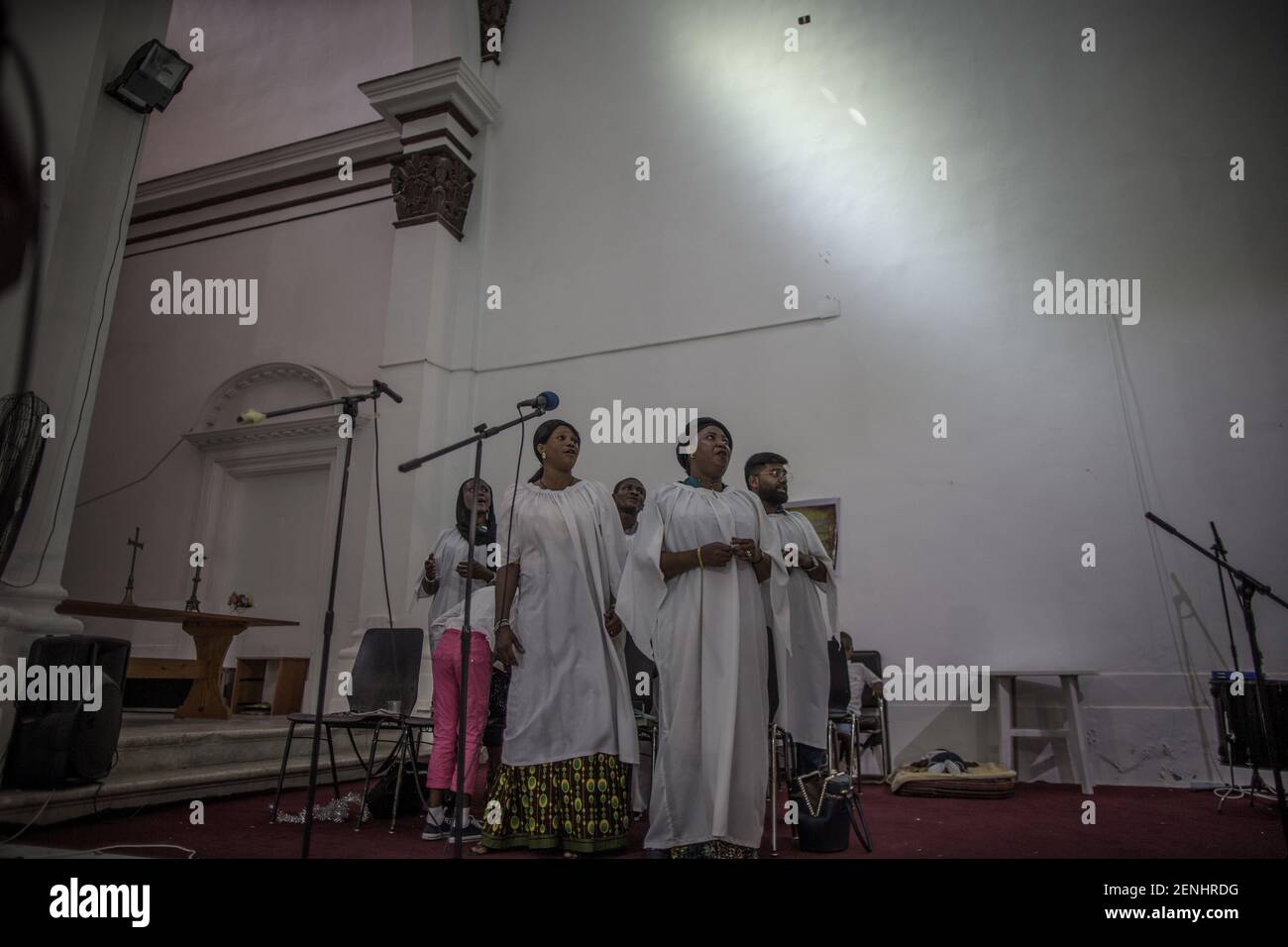 23 August 2019, Libya, Tripoli: Christian women sing during a service ...
