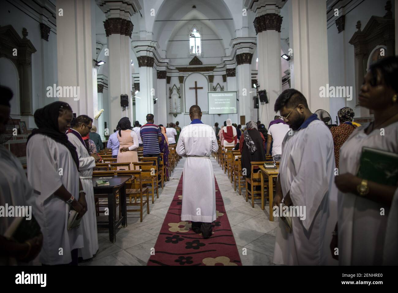 23 August 2019, Libya, Tripoli: Christians attend a service at the ...