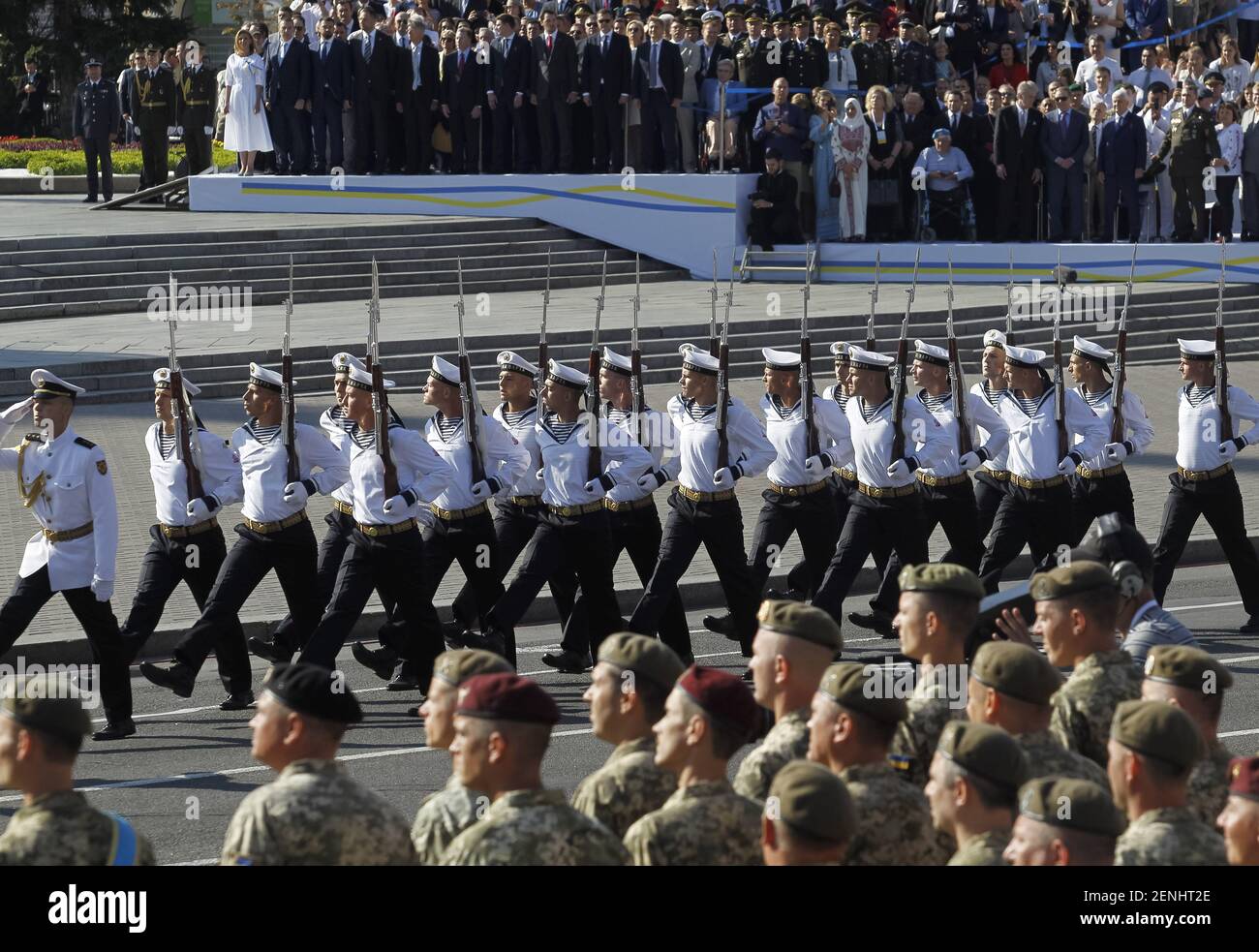 Soldiers march during the 28th anniversary of Independence Day at the ...