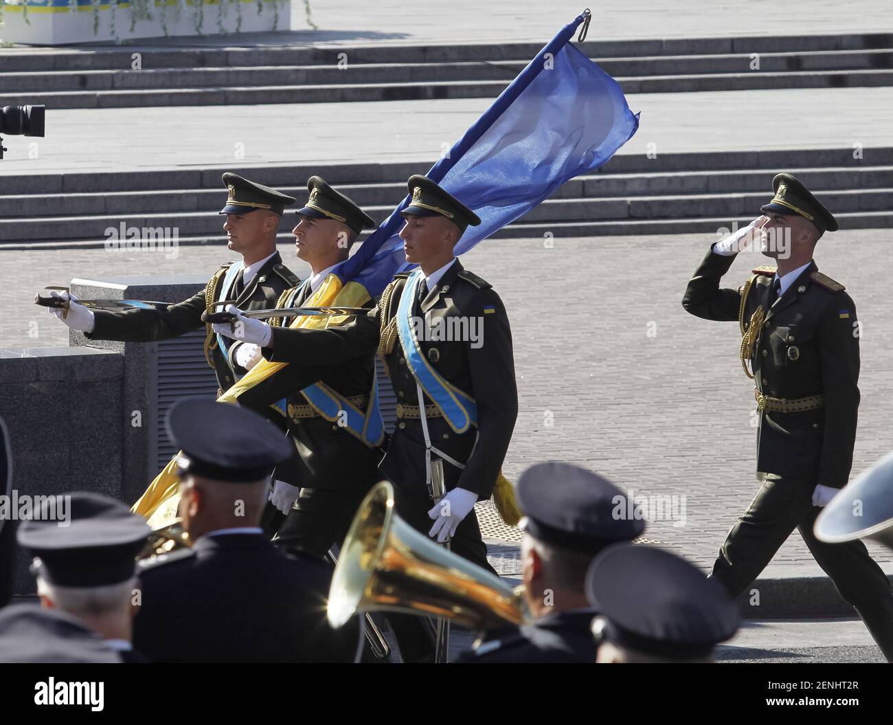 Soldiers march during the 28th anniversary of Independence Day at the ...