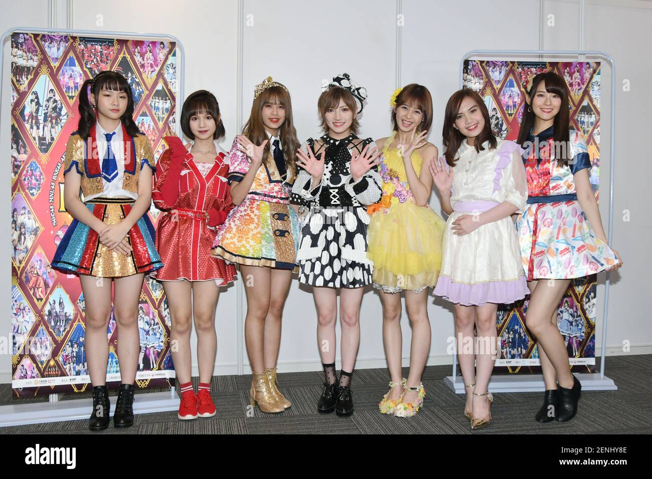 Members of Japanese idol girl group AKB48 and its international sister groups pose during the ...