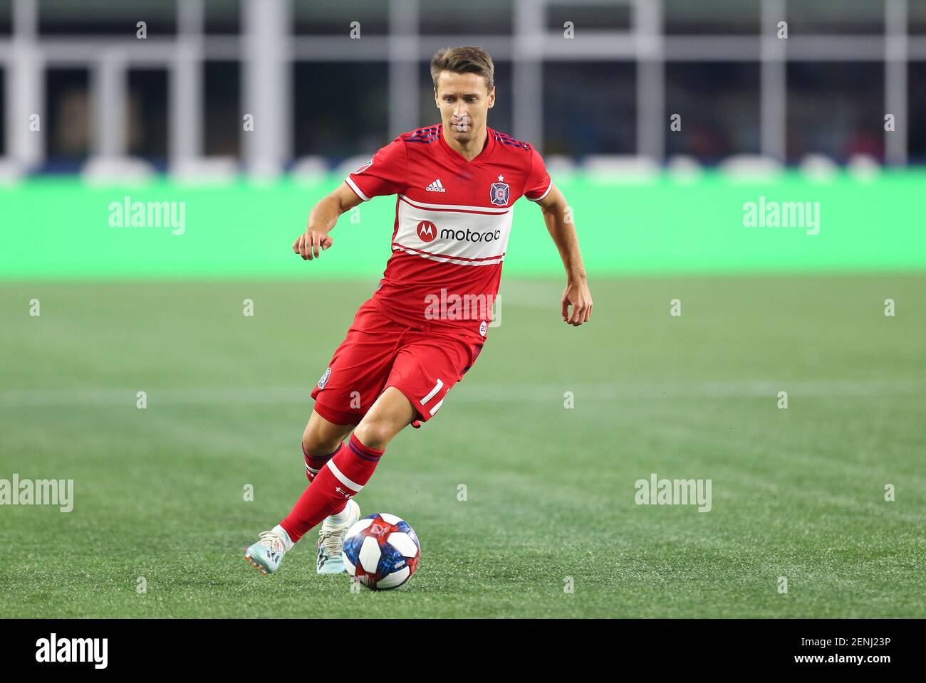 August 24, 2019; Foxborough, MA, USA; Chicago Fire midfielder ...