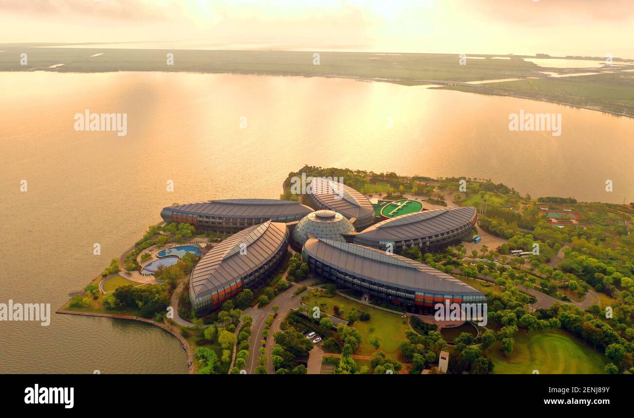 An aerial view of the flower-shaped Crowne Plaza Shanghai Harbour City ...