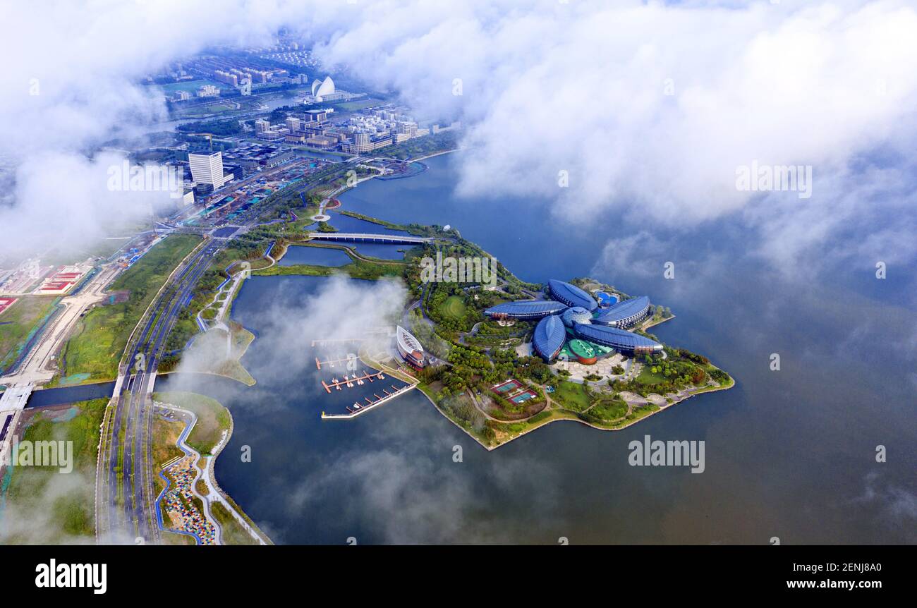 An aerial view of the flower-shaped Crowne Plaza Shanghai Harbour City ...