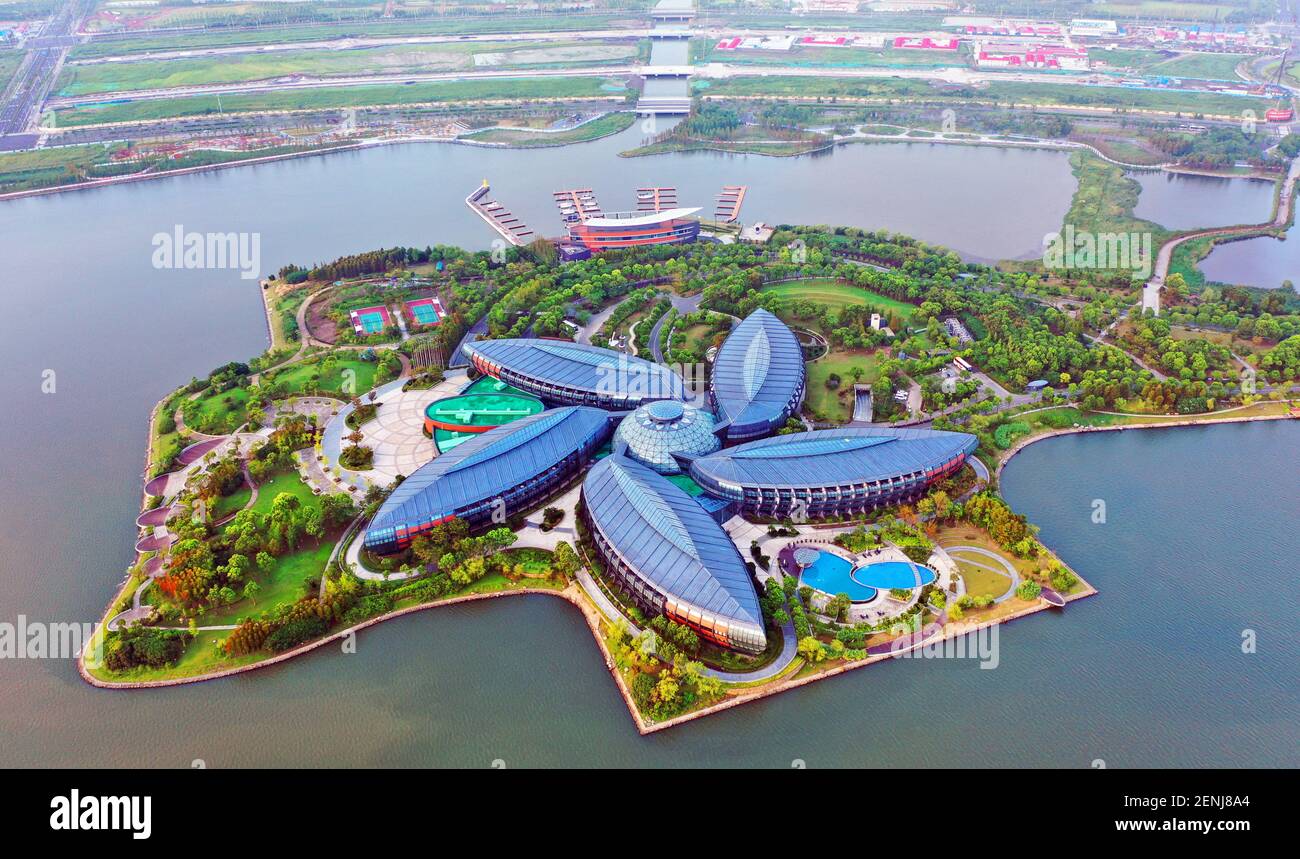 An aerial view of the flower-shaped Crowne Plaza Shanghai Harbour City ...