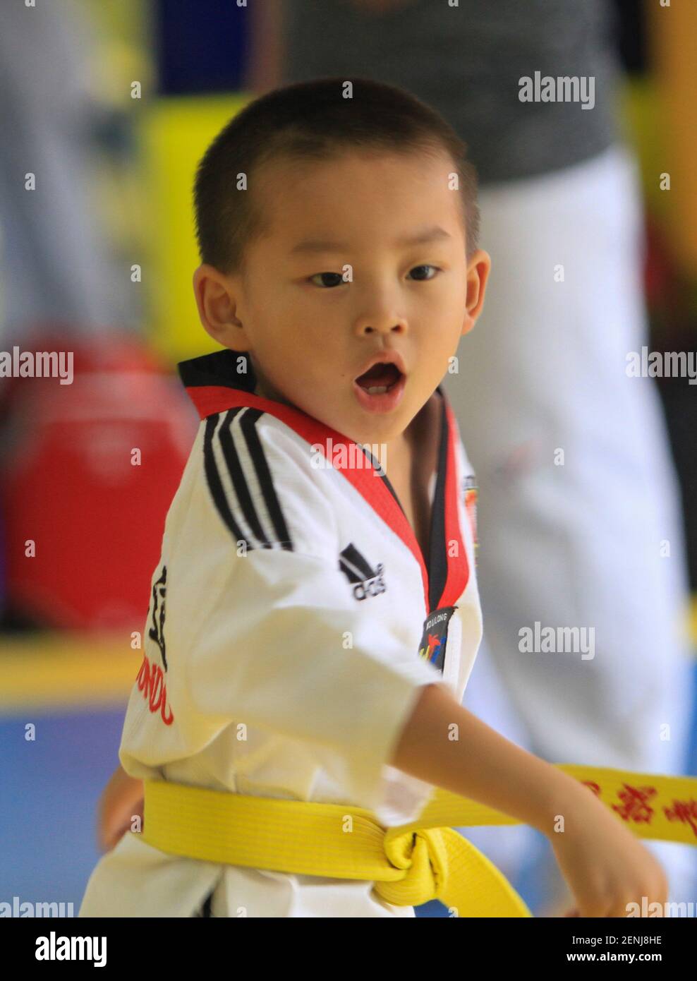 A young Chinese boy practises taekwondo during a training session at a ...