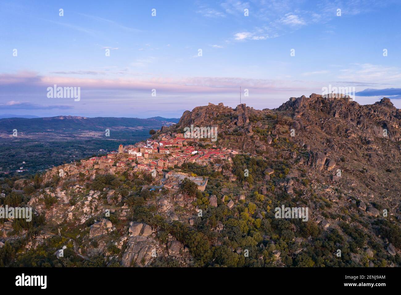 Drone aerial panorama view of Monsanto historic village at sunset, in ...