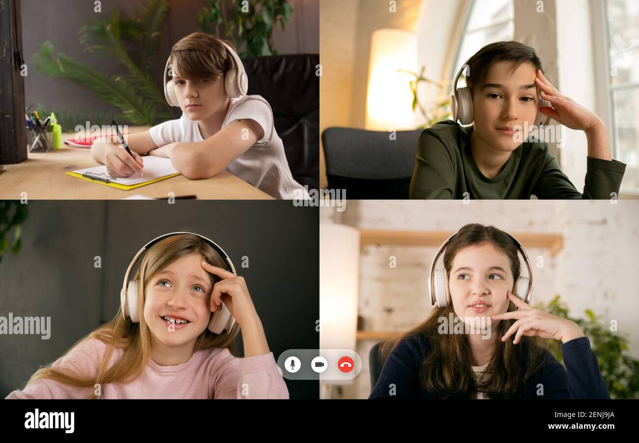 Bored. Group of kids, class studying by group video call, use video ...