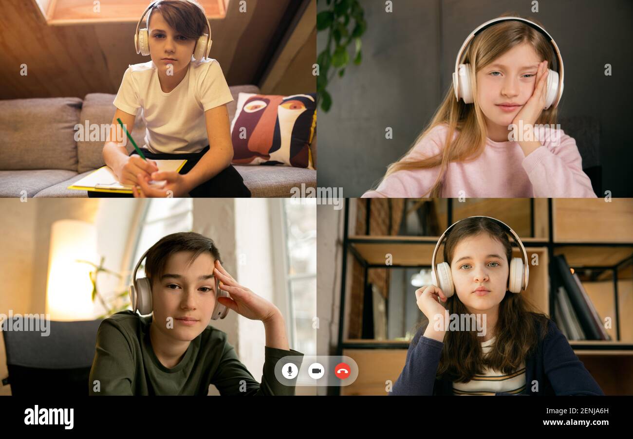 Tired. Group of kids, class studying by group video call, use video ...