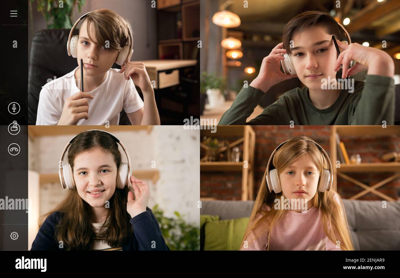 Modern. Group of kids, class studying by group video call, use video ...