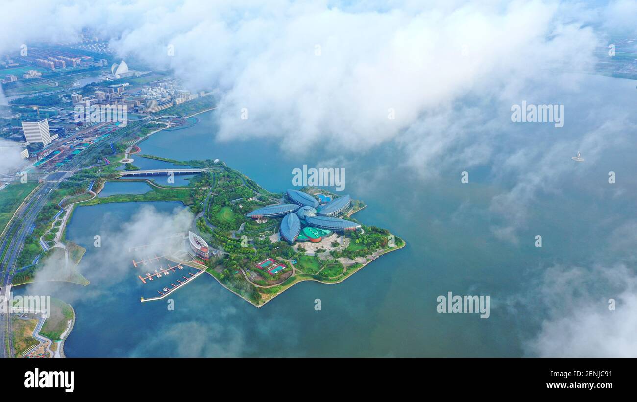 Bird view from 500 meters above of Dishui Lake reveals a fairyland ...