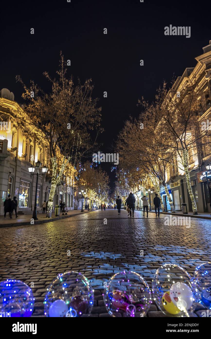 Heilongjiang,CHINA-Night view of central street, Harbin, China.Built in ...