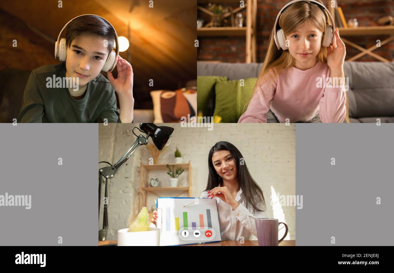 Group of kids, class studying by group video call, use video conference ...