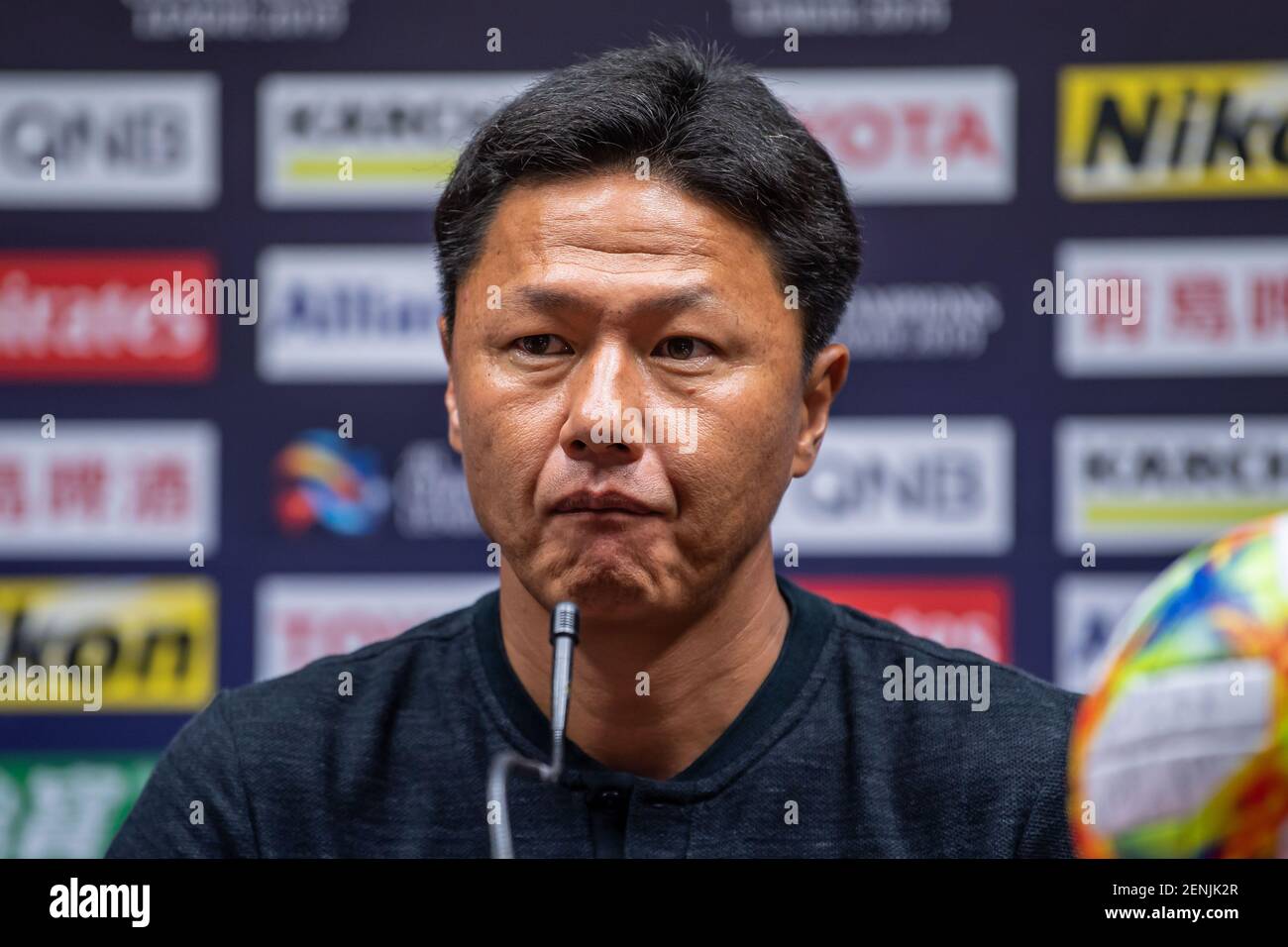 Head coach Go Oiwa of Japan's Kashima Antlers F.C. attends a press ...